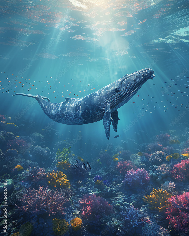 Blue whale, vast ocean, recovery from endangered status, peacefully ...