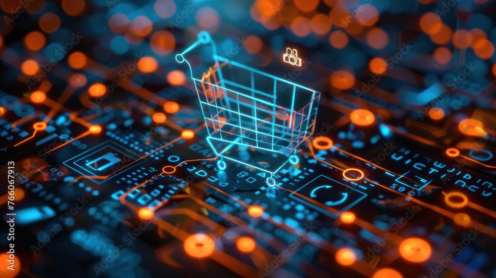 A digital representation of a shopping cart icon on a glowing ...