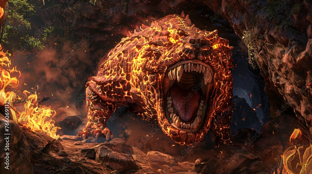 A fiery maw opens in a roar as the beast steps from the cave the very ...