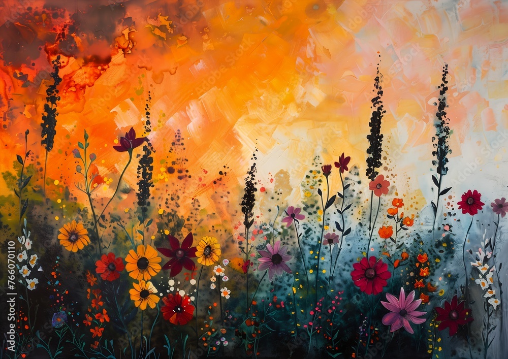 field flowers sunset background fiery explosion store bright energetic ...