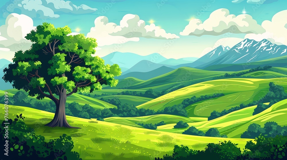 cartoon illustration green mountain landscape tree panoramic imagery ...