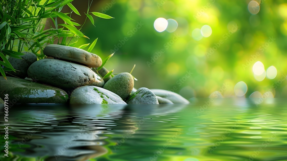 pile rocks sitting top body deep zen natural background green leaves ...
