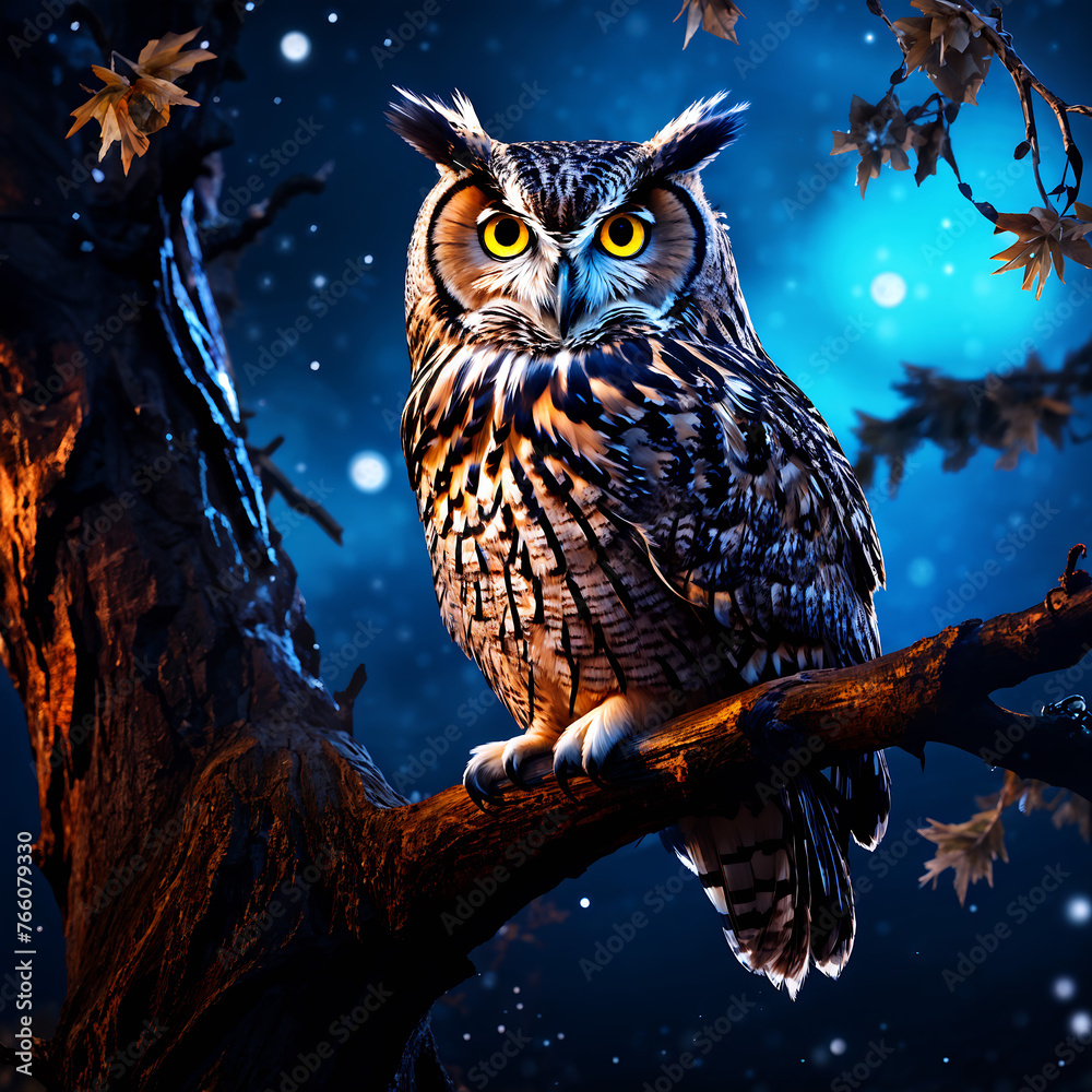 A majestic owl perched on a gnarled tree trunk, silhouetted against the full moon in the night ...