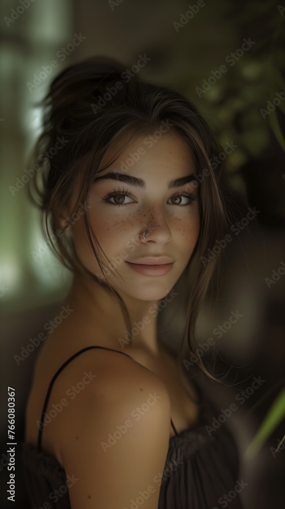 woman freckles black dress posing portrait olive skin halter top ...