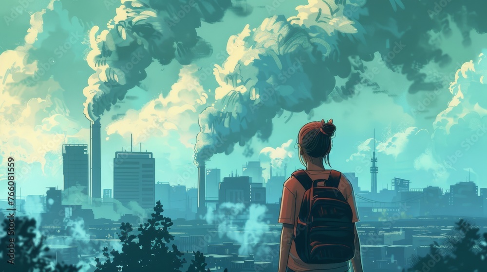 A character in a polluted urban landscape urging viewers to consider ...