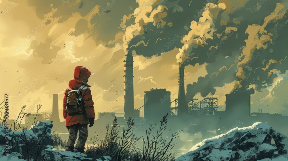 A character in a polluted urban landscape urging viewers to consider ...