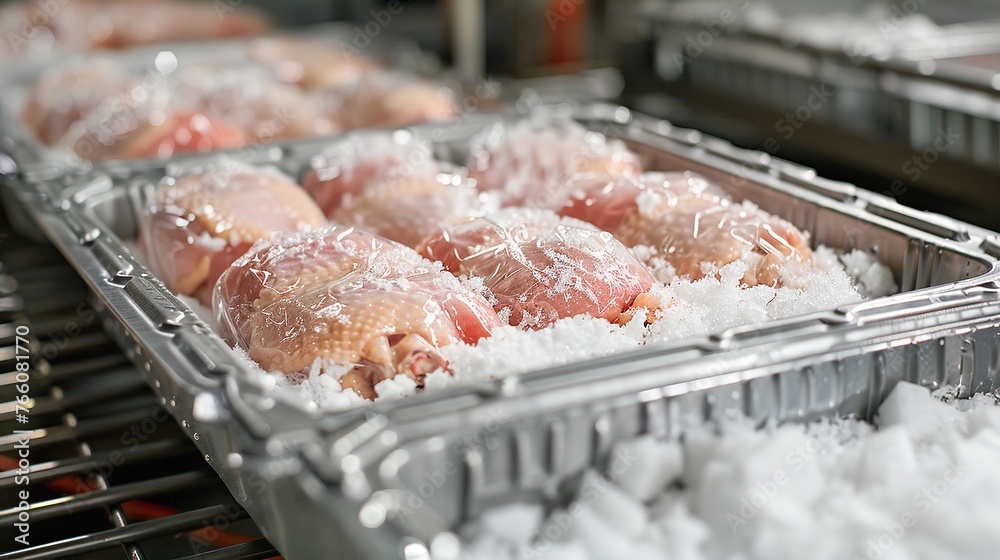 Frozen chicken thighs packaged in a Styrofoam container at the grocery ...