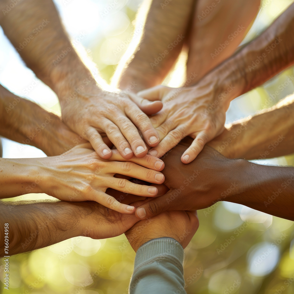 A close and warm portrayal of diverse human hands coming together in a ...