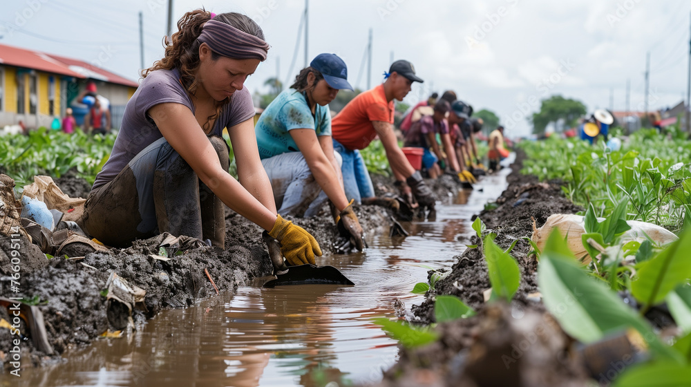 People helping each other to dig and clean up a canal, removing garbage ...