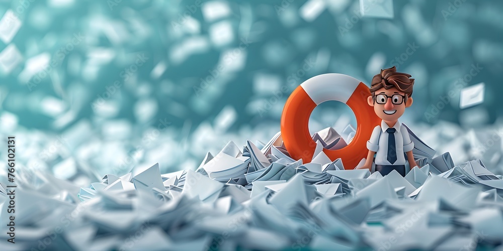 Cartoon Businessman Navigating a Sea of Emails with a Lifebuoy ...