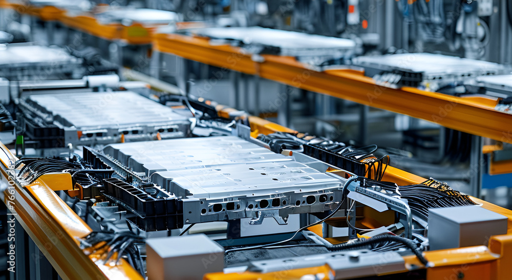 Mass production assembly line of electric car battery cells in a busy ...