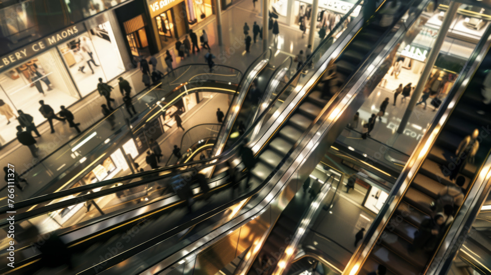 The photo captures a dynamic scene of multiple escalators in a busy shopping mall with motion ...