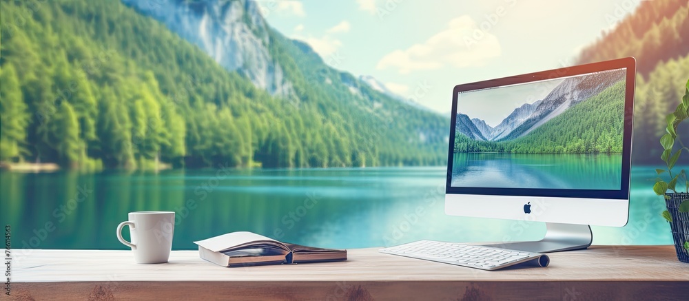 An output device is placed on a desk overlooking a serene lake ...