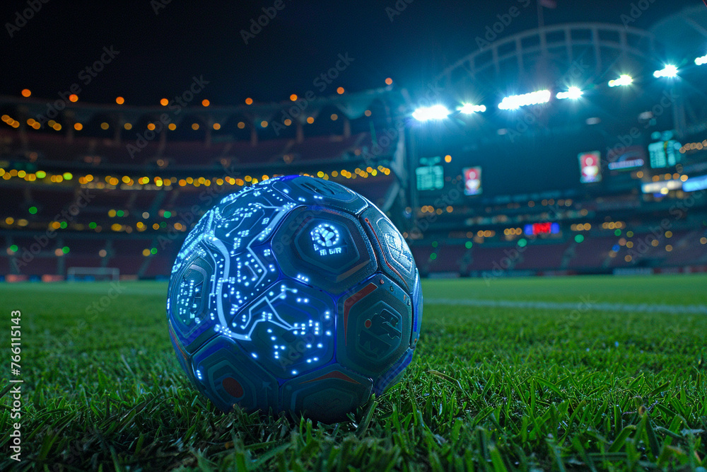 A soccer ball embedded with a tracking chip, resting on the field at ...