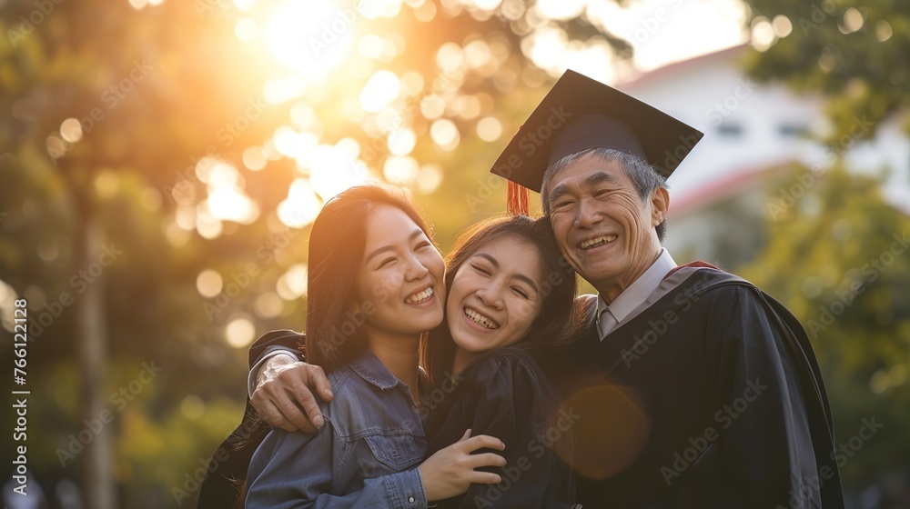 Happy family celebrate graduation day together in cap and gown Stock ...