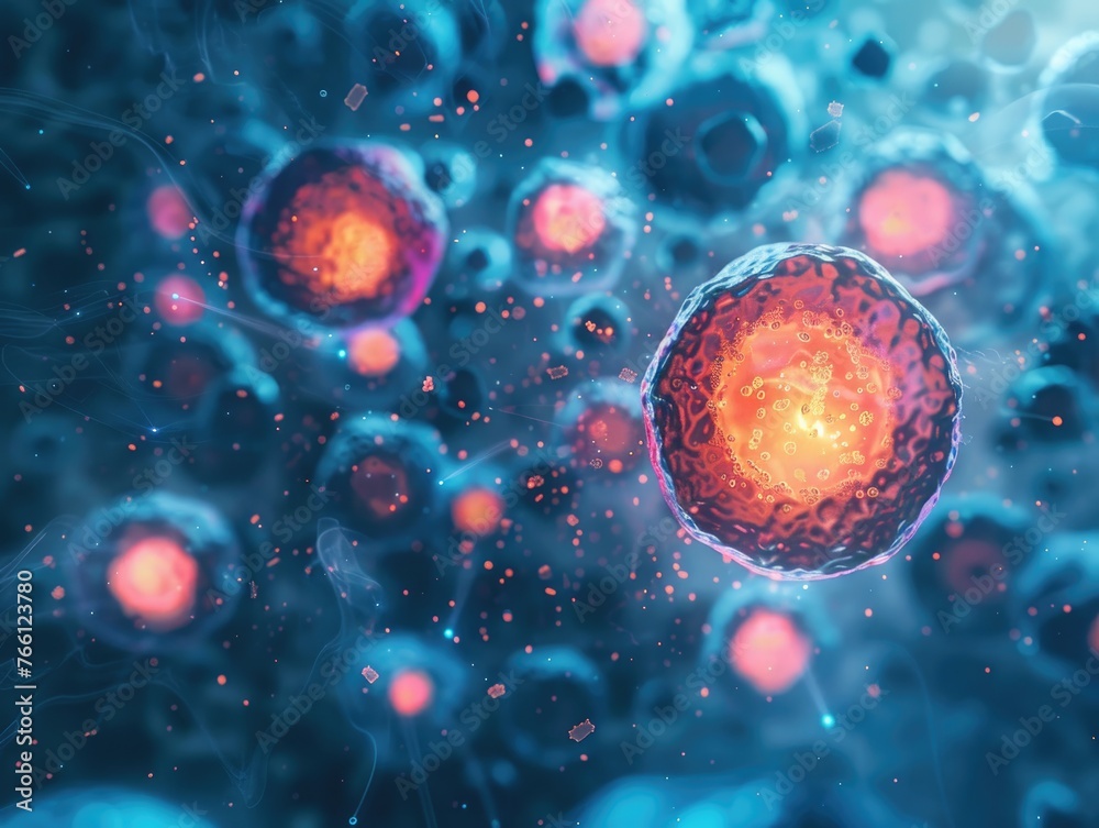 Microscopic perspective of skin cells radiating light, symbolizing ...