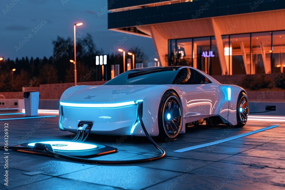 A futuristic car is seen charging on a city street, showcasing advanced ...