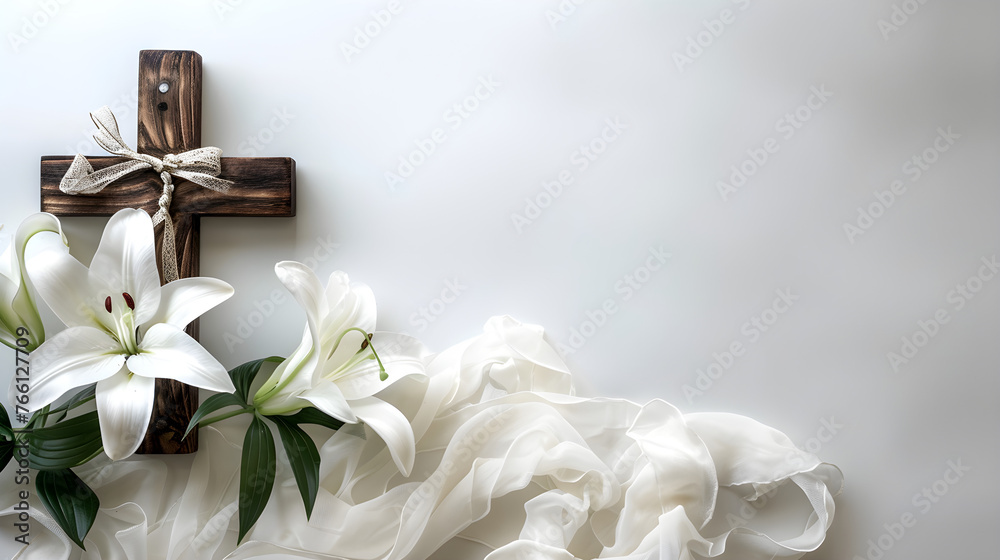 This Christian religious template features a wooden cross with white ...