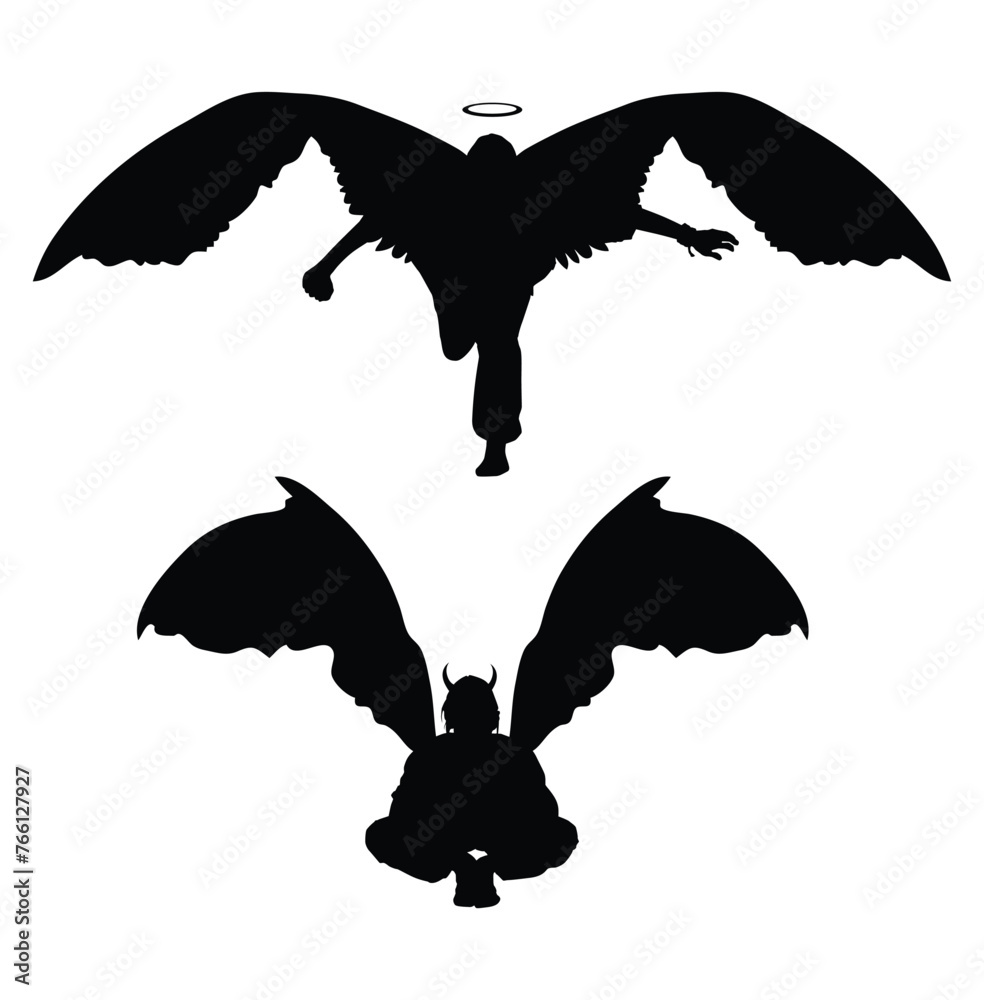 Vector illustration of angel and demon silhouette isolated on a white ...