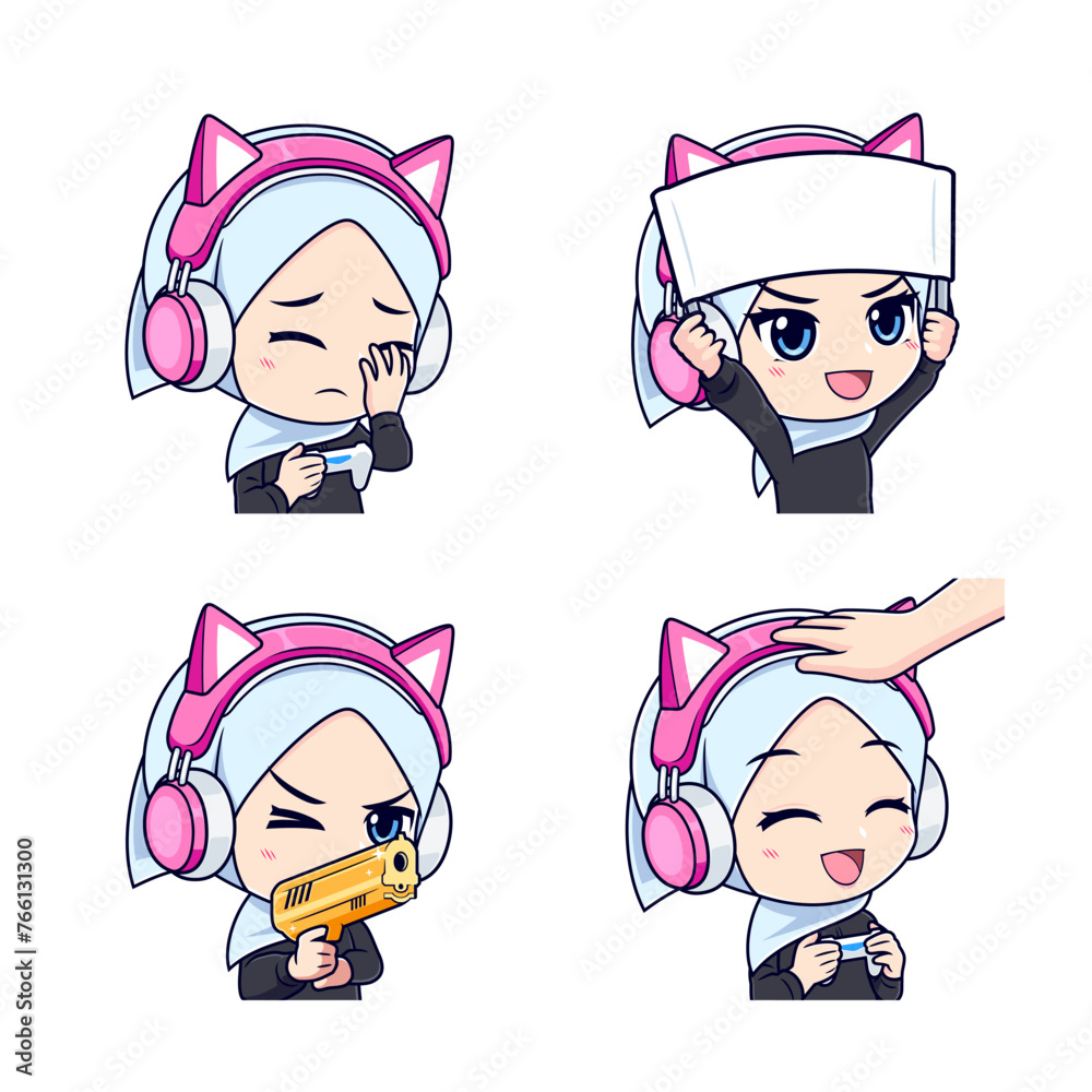 Cute muslim gamer girl cartoon suitable for sticker, icons, badges and ...