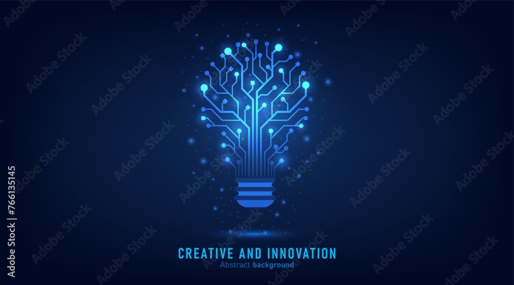 Innovation. Idea and solution technology concept. A light bulb from dot ...