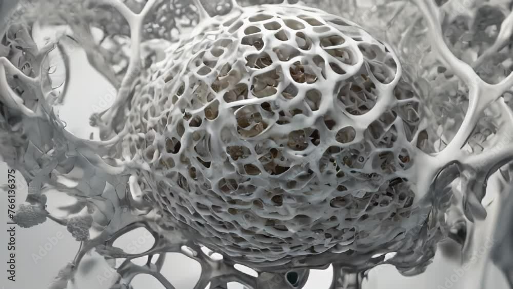 A spherical 3D-printed microstructure with a complex white pattern ...