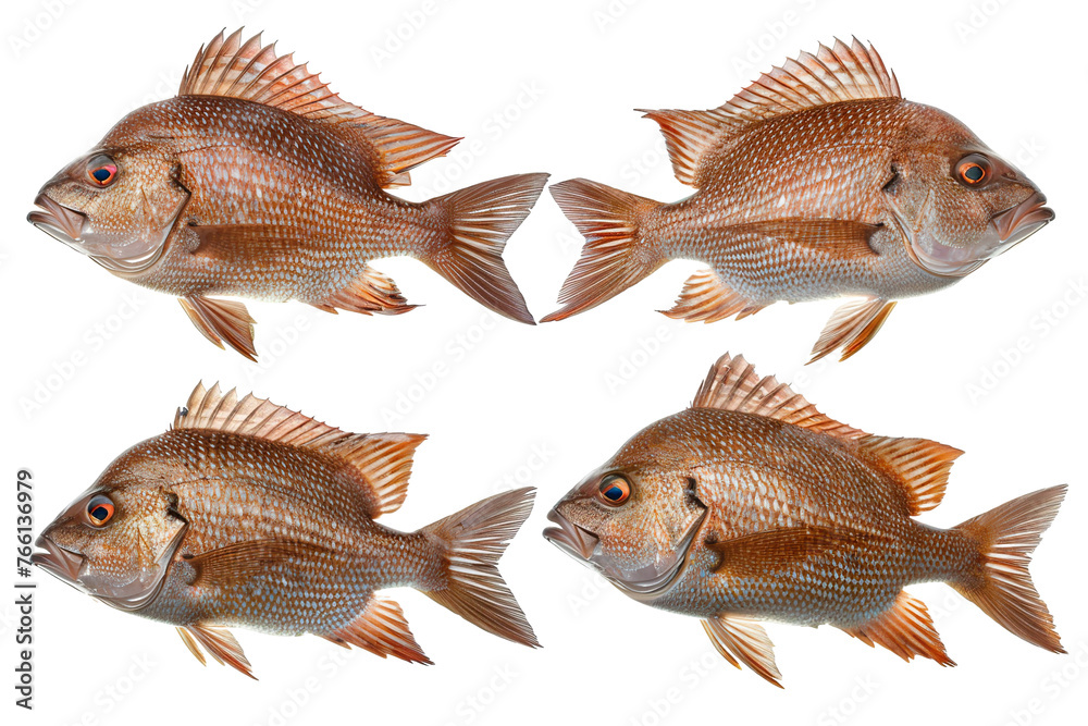 Collection of 4 snapper fish In different view isolated on white ...