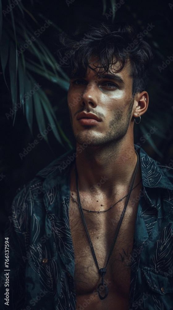 detailed photograph of a gorgeous male model, wearing trendy summer ...