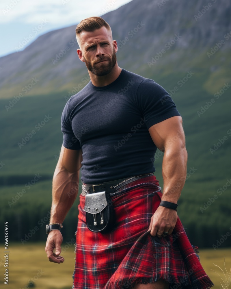 handsome muscular Scottish man dressed in a T-shirt and red plaid kilt ...