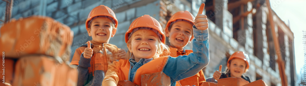 Group of children doing their dream job as Bricklayers at the ...