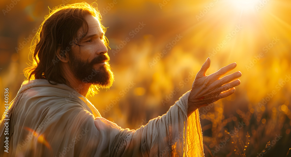 Jesus Christ reaching out his hand against a bright background ...