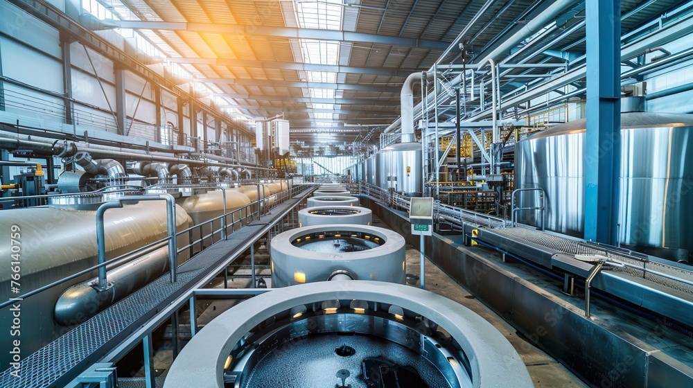 A modern dairy processing facility with milk tanks and packaging ...