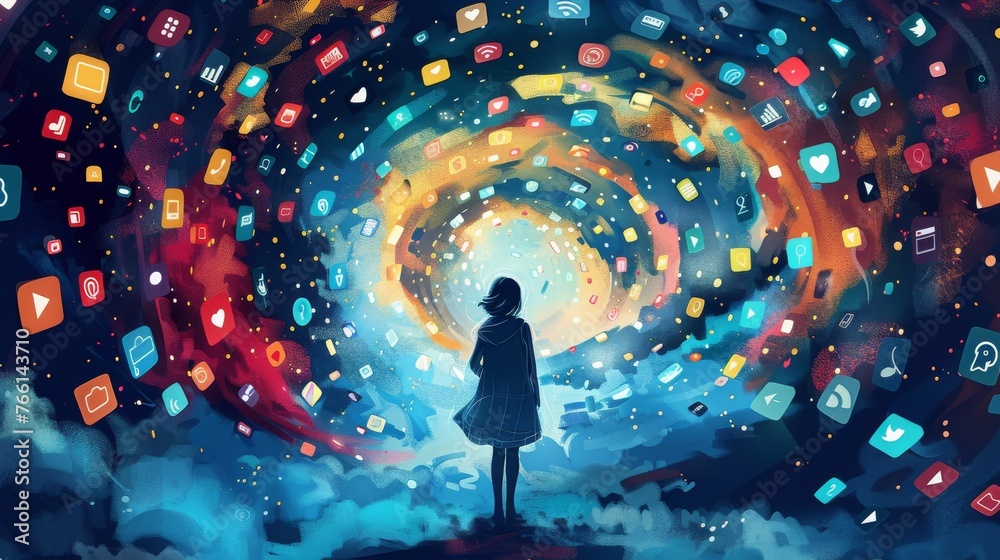 Illustration of a vector character surrounded by a swirling vortex of ...