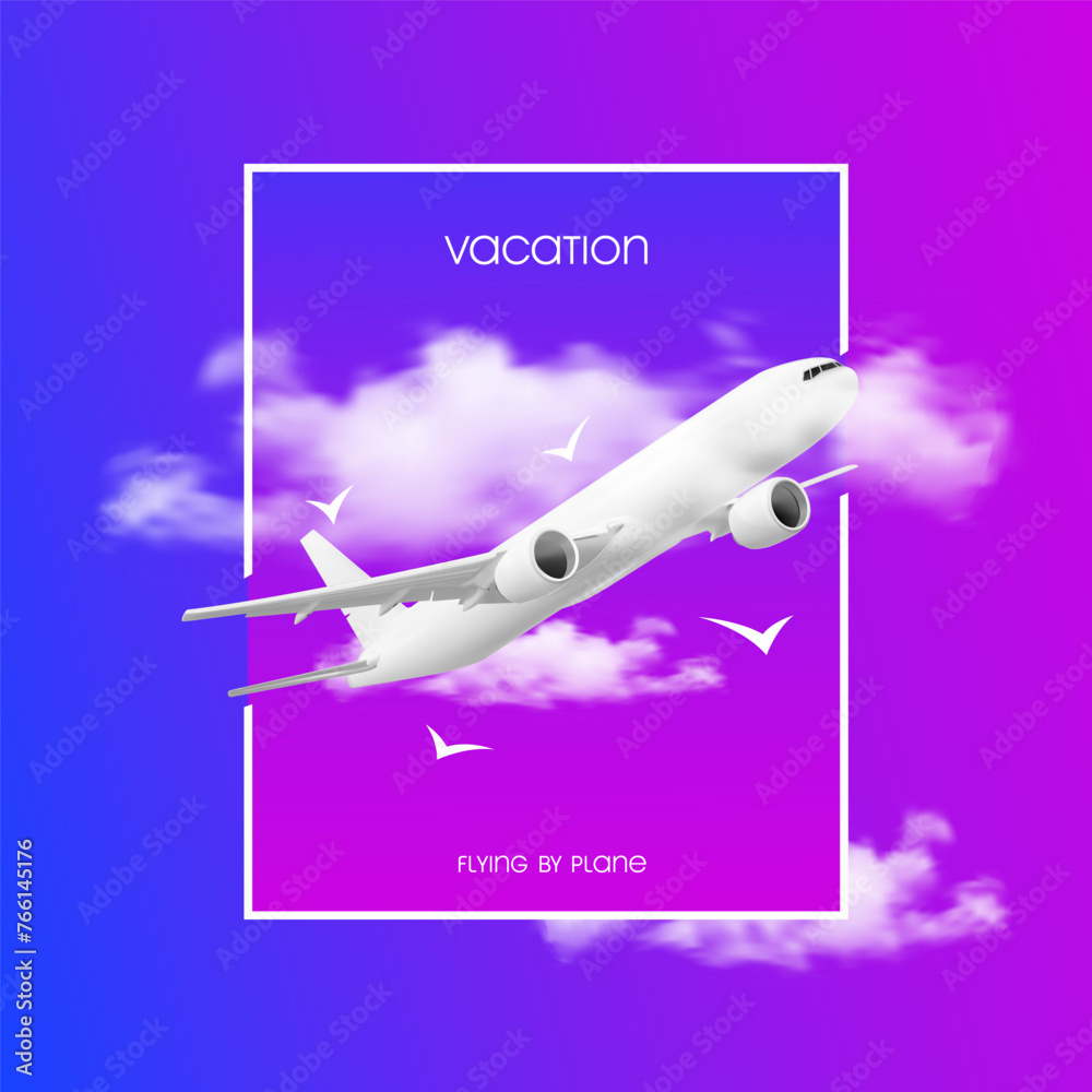 Realistic airplane flying overhead, jet aircraft mockup with blank ...