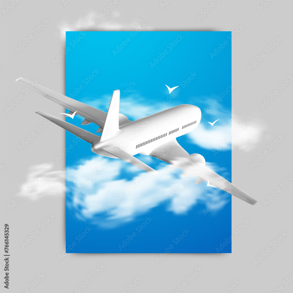 Realistic airplane flying overhead, jet aircraft mockup with blank ...