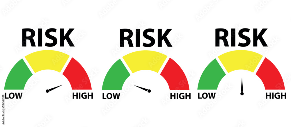 Risk meter icon set. Scale Low, Medium or High risk on speedometer ...