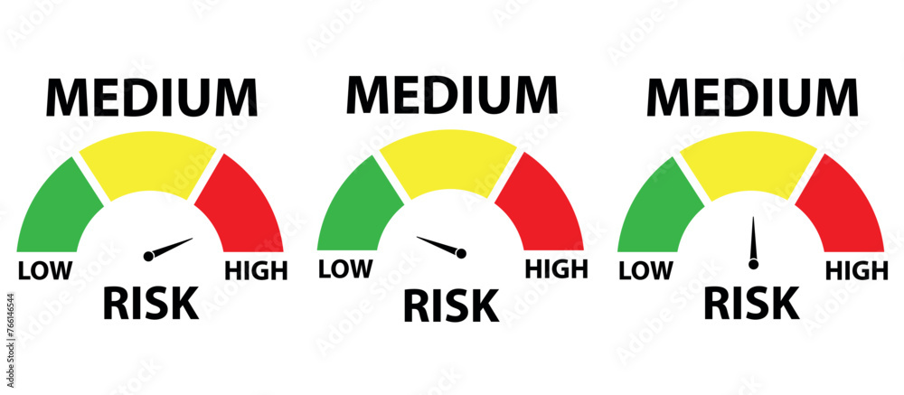 Risk meter icon set. Scale Low, Medium or High risk on speedometer ...