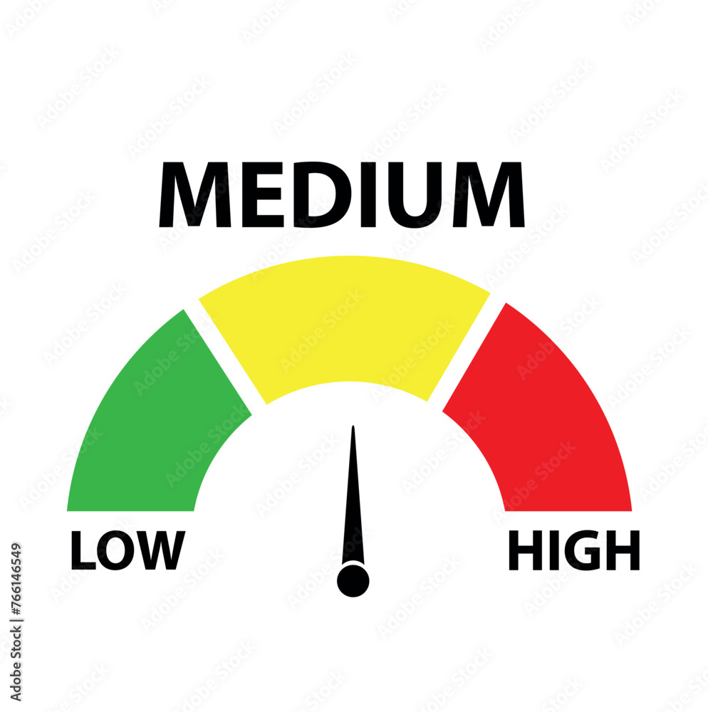 Risk meter icon set. Scale Low, Medium or High risk on speedometer ...