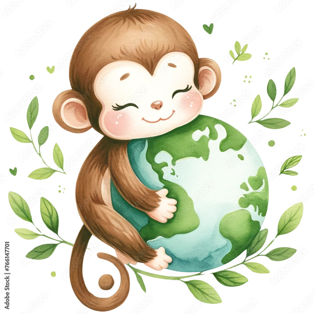 cute monkey earth day, monkey clipart, green earth day,save the world ...