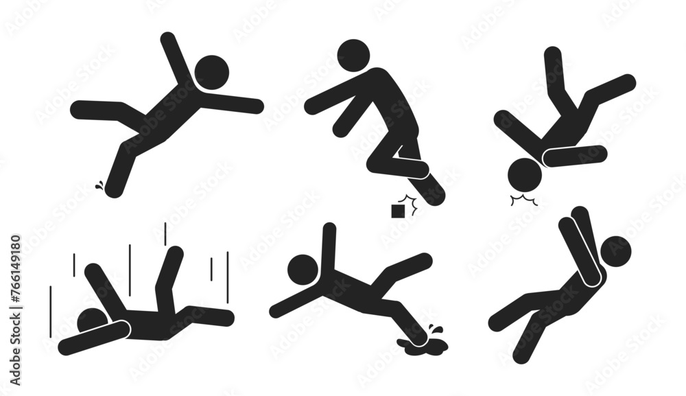 Bundle collection signs of man fall from high places, height risk, edge ...