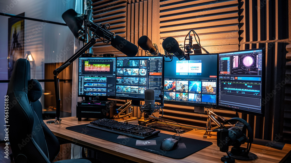 Professional broadcasting studio setup with multiple screens and ...