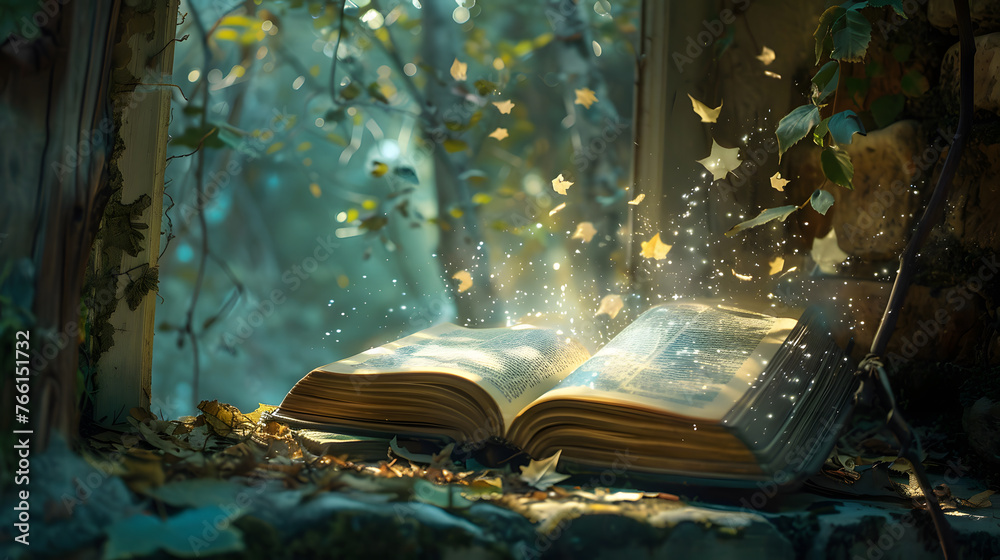 Old book with fluttering pages emitting sparkling light in a forest ...