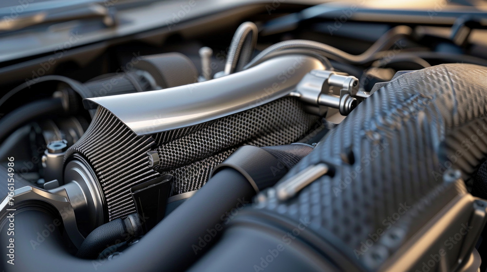 A sleek aluminum cold air intake, with a large conical filter and ...