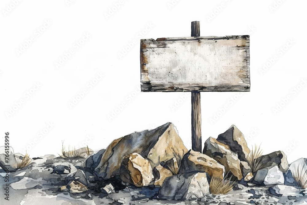 Watercolor illustration of a blank wooden signpost among boulders ...