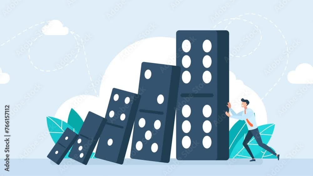 Stick figure stopping the domino effect with falling white dominoes ...