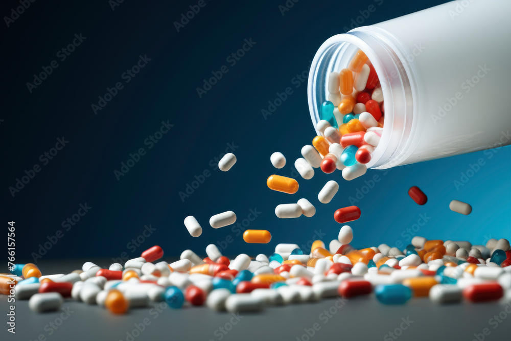 A pill bottle is opened and the pills are scattered on the ground. The ...