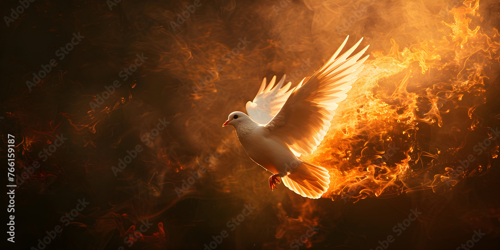 Flying white dove with fire effect on dark background, symbol of peace ...