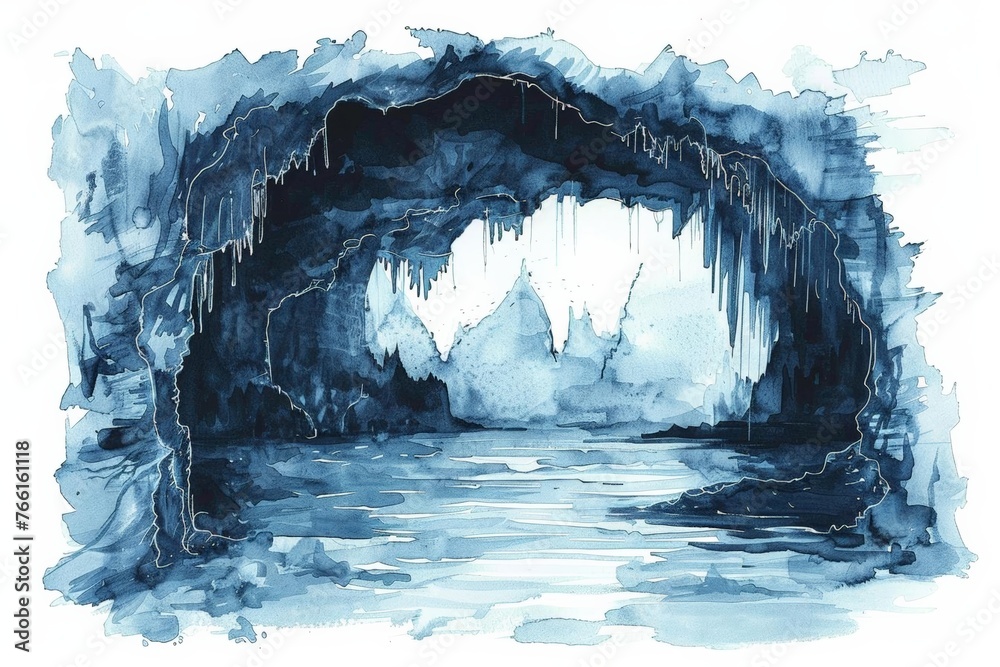 Monochromatic blue watercolor painting of a cave with icicle formations ...