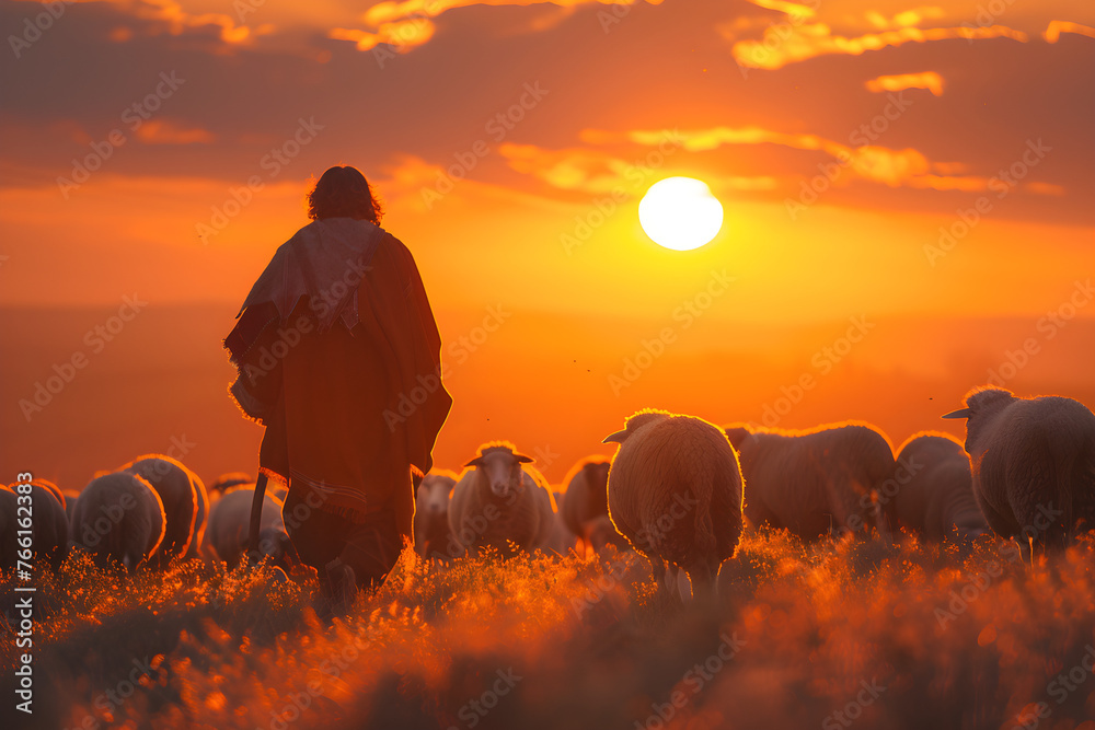 A tranquil sunset scene with Jesus as a shepherd tending his flock of ...