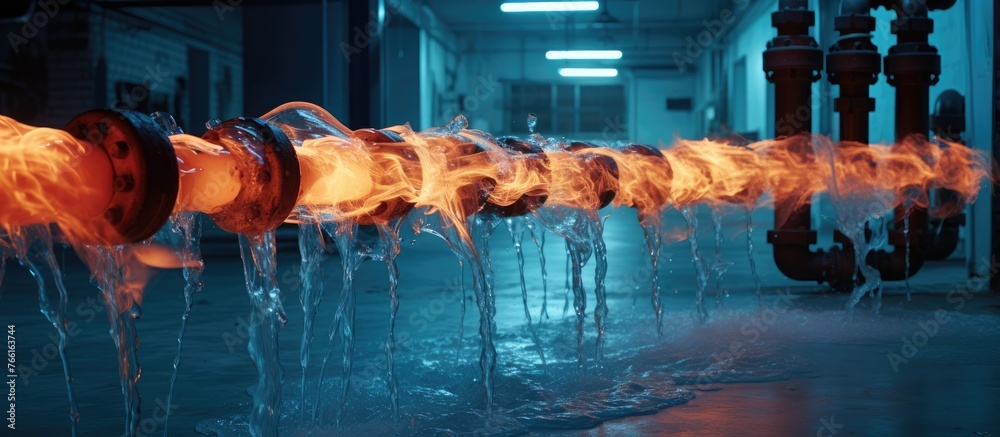 A stunning display of electric blue flames erupting from a twisted pipe ...